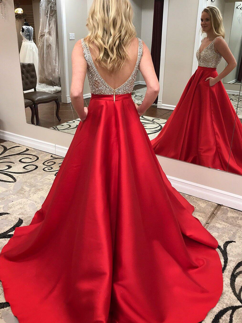 Deep V-neck Beaded Red Satin Prom Dresses With Pocket,long Formal ...