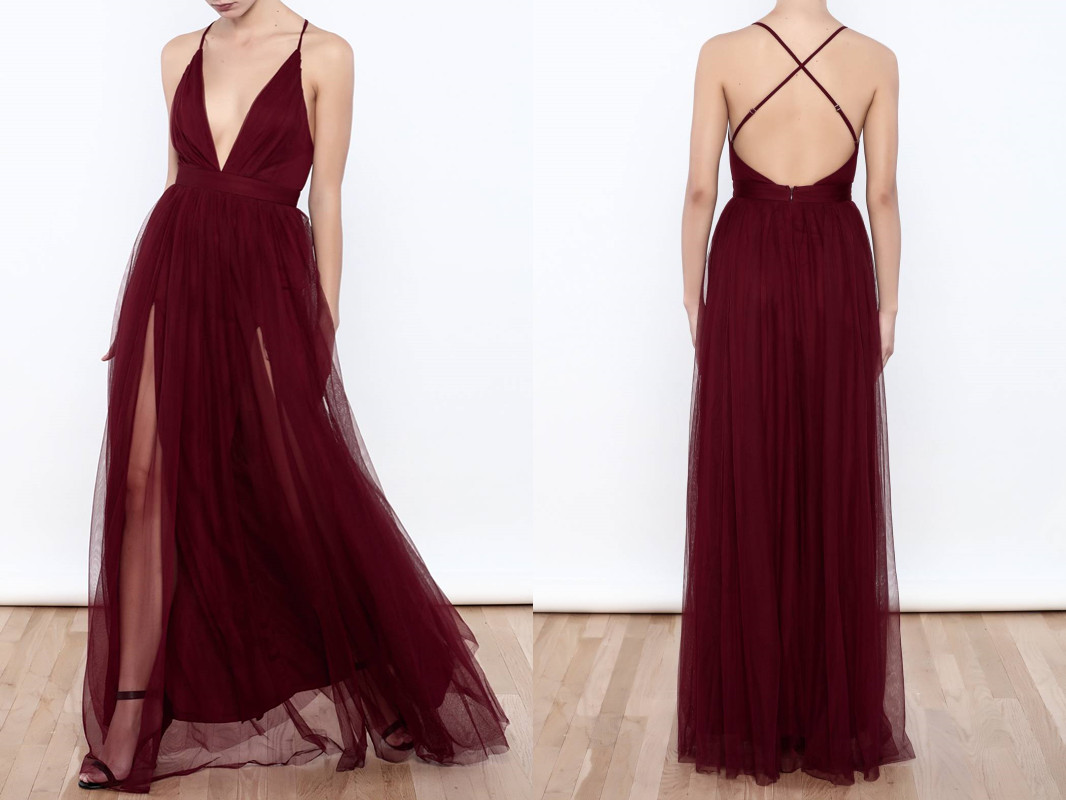 Burgundy V Neck A Line Tulle Prom Dress,Criss-cross Back Prom Evening ...
