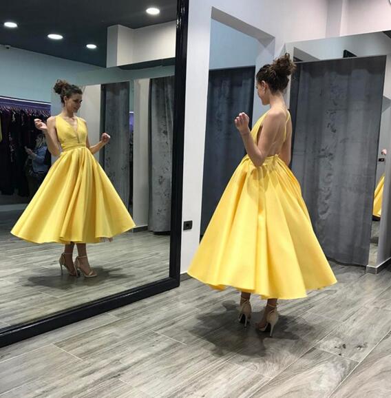 A Line V-neck Yellow Tea Length Party Dress,homecoming Dress With Criss ...